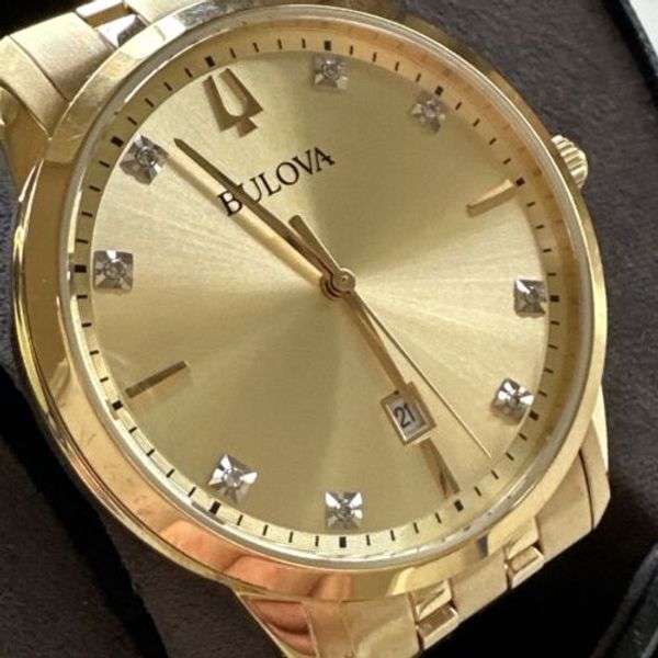 Bulova Sutton Men's Quartz Gold-Tone Calendar Diamond Indices Watch ...