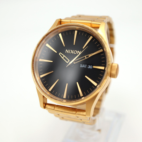 Men's Nixon The Sentry SS Gold Tone Watch 47mm Black Day Date Dial w ...