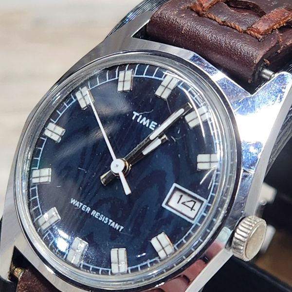Vintage 1977 Timex Blue Wood Design Face. Working | WatchCharts Marketplace