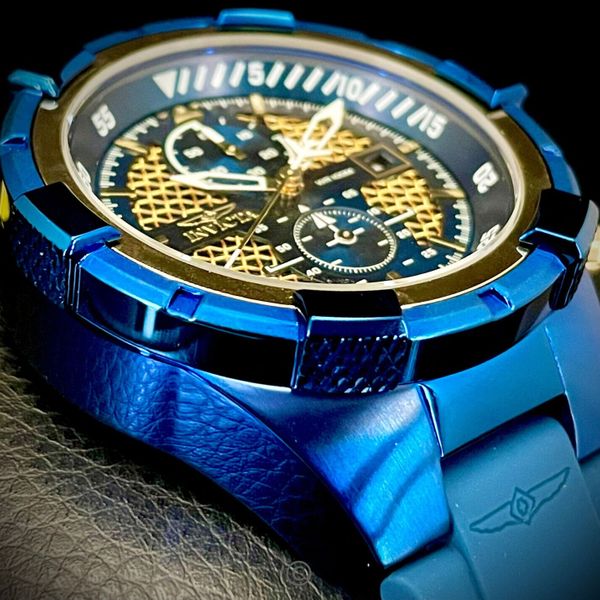 Invicta 39378 Aviator Bolt Flight Series 50mm Blue/Gold Dial Blue Strap ...