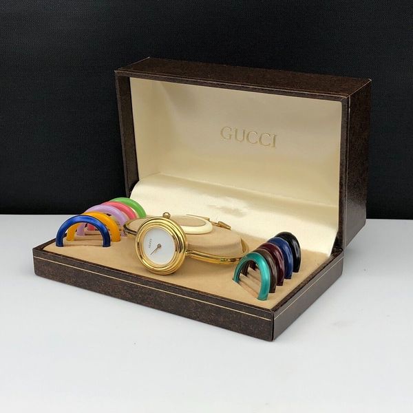 Auth Gucci Change Bezel 12 Colors Gold White Women Watch 6.5inc Quartz ...