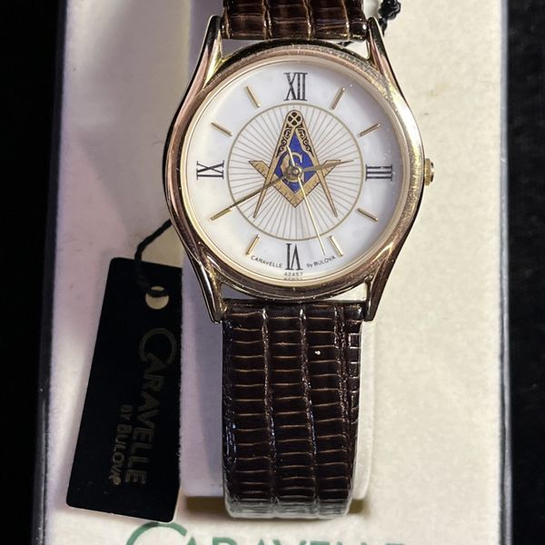 Men's Gold Finished Caravelle Bulova Masonic Blue Lodge Watch ...