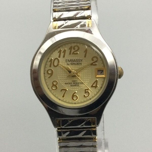 Embassy by Gruen Watch Women Silver Gold Tone Date Stretch New Battery ...