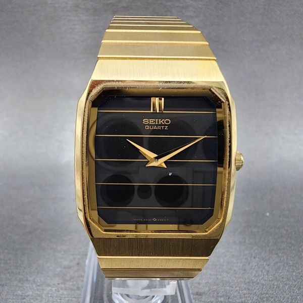 Seiko Tank Watch Men 27mm Black Dial Gold Tone Rectangle 6530-5540 New ...