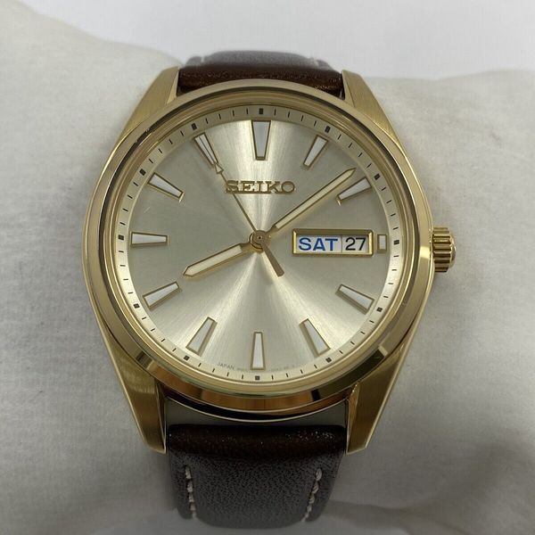Seiko Essentials Quartz Champagne Dial Brown Leather Strap Men's Watch ...