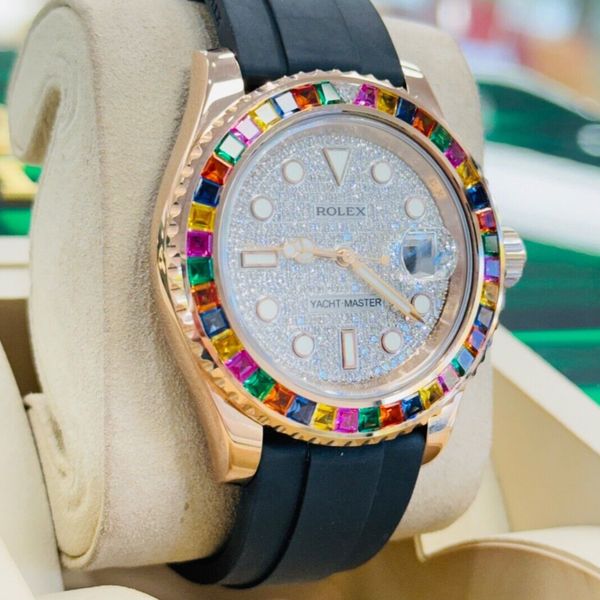 Rolex Yacht-Master Rose Gold 40 126655 Custom Rainbow Bezel Pave ...