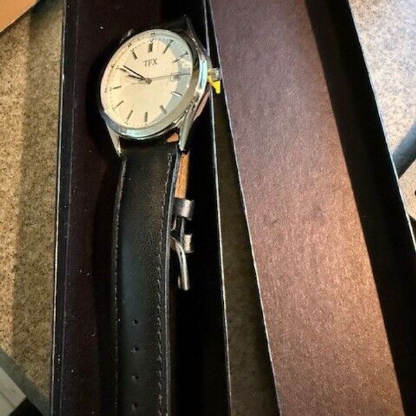 Mens TFX by Bulova Silver Tone Black Leather Band White Dial Date Watch ...