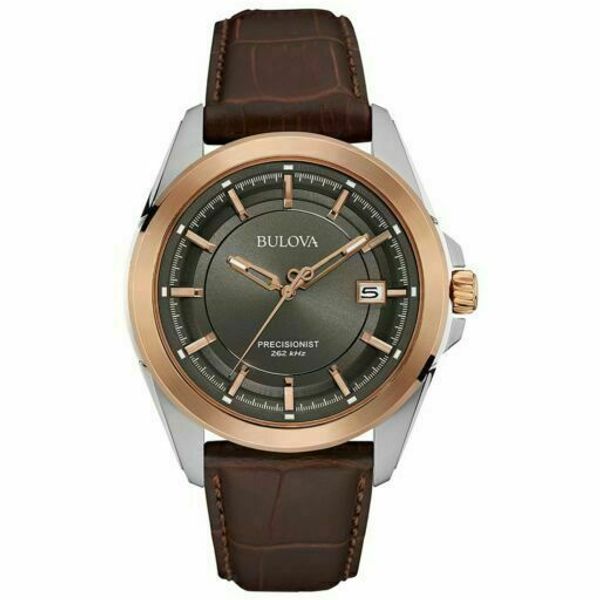 Bulova Men's Rose Gold Two Tone Precisionist 262kHz Brown Leather Watch ...