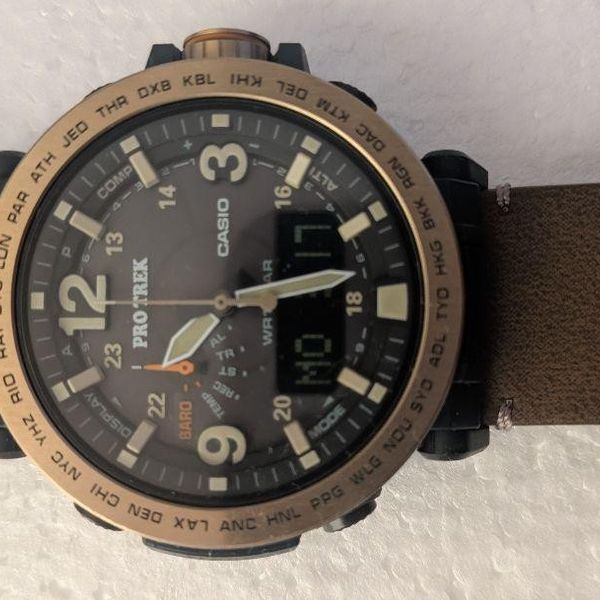 CASIO PRO TREK Digital Analog Outdoor Watch Brown Leather Band Large ...