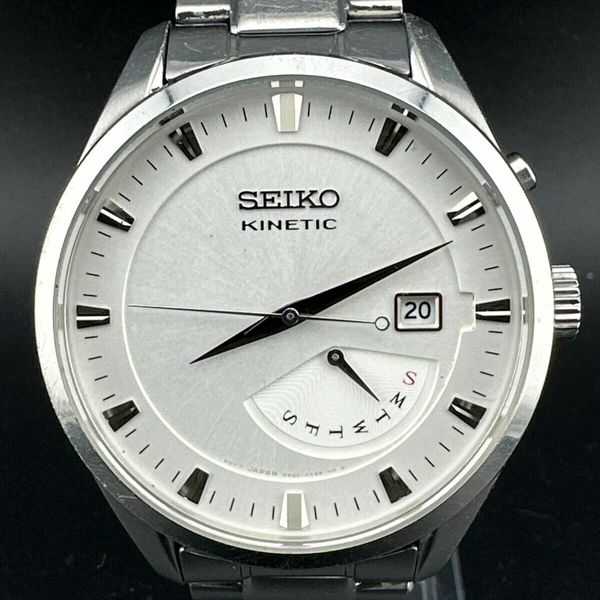 Seiko Kinetic Men's White Dial Stainless Steel Day Date 42mm Watch ...