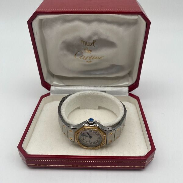 Cartier Santos Octagon 25mm Custom Diamond Bezel White Dial Two Tone ...