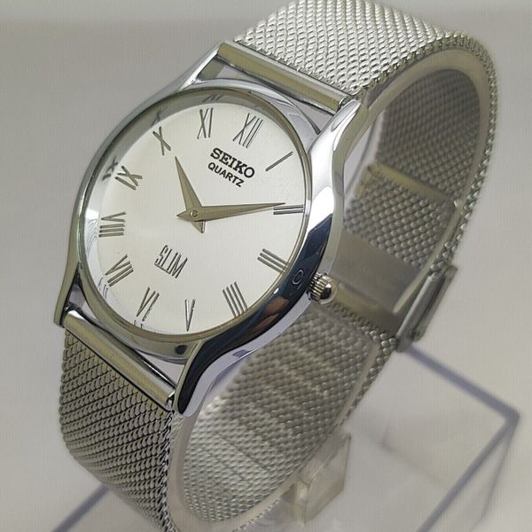 Seiko Slim Quartz White Face Silver Mesh Band Japanese Men's Wirst ...