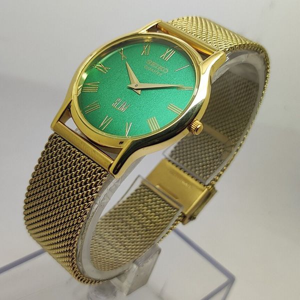 Seiko Quartz Super Slim Men Gold Plated Roman Green Dial Wrist Watch ...