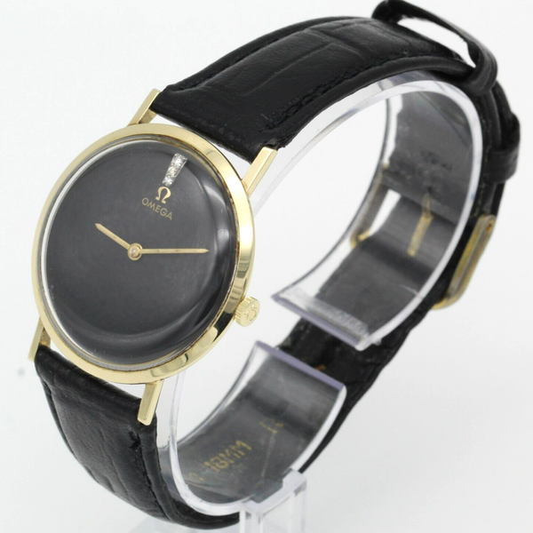 Omega Solid 14K Gold Matte Black Dia Dial Swiss Made D6672 Men's Watch ...