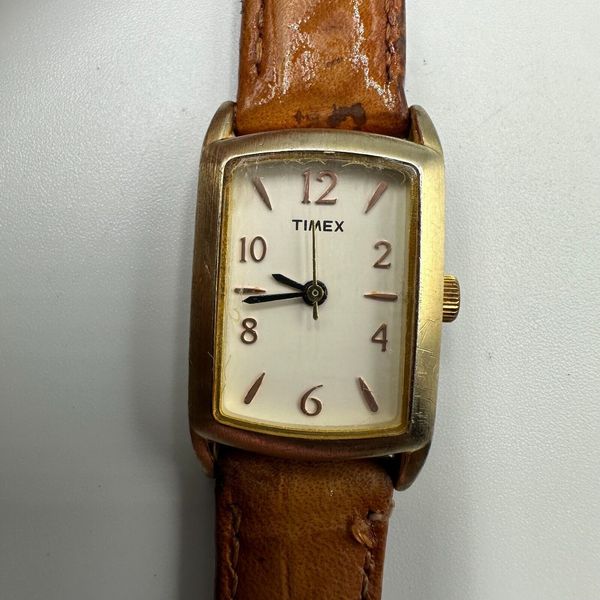 Timex Tank Watch Women Ladies Gold Tone Brown Leather Band New Battery ...