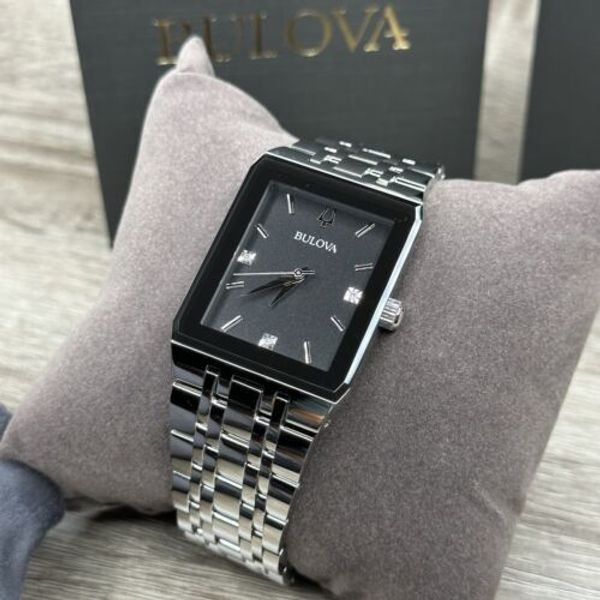 Bulova Quadra Black Diamond Dial Stainless Steel Rectangular Men's ...