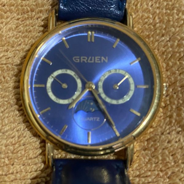 Gruen Unisex Blue Dial Day Date Moon phase Watch 7 1/4" **See ...