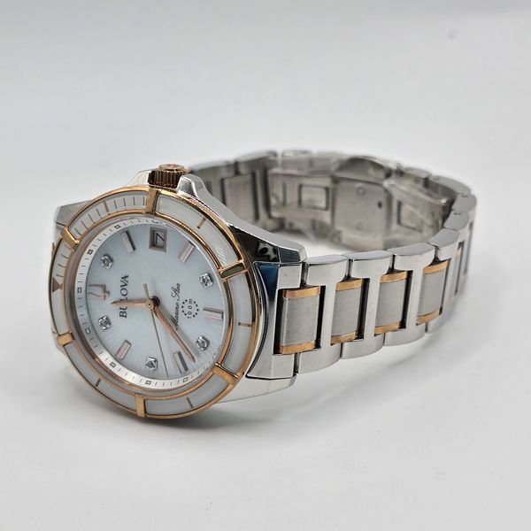 BULOVA Marine Star Women's 34mm Watch MOP Ceramic White 98P187 Rose ...