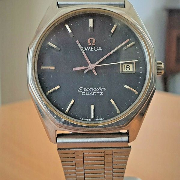 Omega Seamaster SS black dial Swiss 15 jewel quartz watch cal 1342 ...