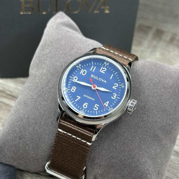 NEWâ AUTOMATICâ Bulova A-11 Hack Blue Dial Brown NATO Strap Men's Watch ...