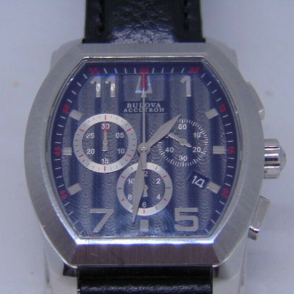 Bulova Watch ACCUTRON 63B146 Chronograph Black Dial Black Leather Great ...
