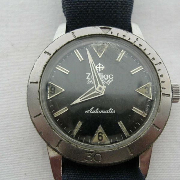 Vintage Zodiac Sea Wolf Automatic Date 20 ATM Watch Stainless/Black ...