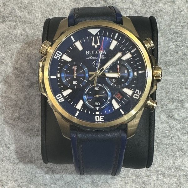 Bulova Marine Star Chronograph Quartz Blue Dial Leather Strap Men's ...