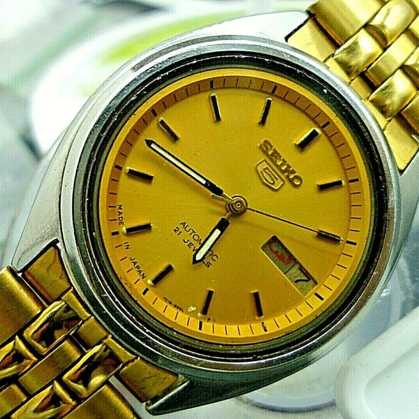 Mens 36mm SEIKO 5 Automatic 21j 7019-8281 Gold SS 8" Watch Vintage 1984 ...