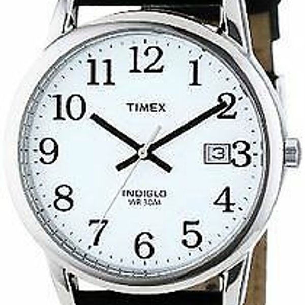 Timex T2H281 Men's Easy Reader Black Leather Watch Indiglo Date 35MM ...