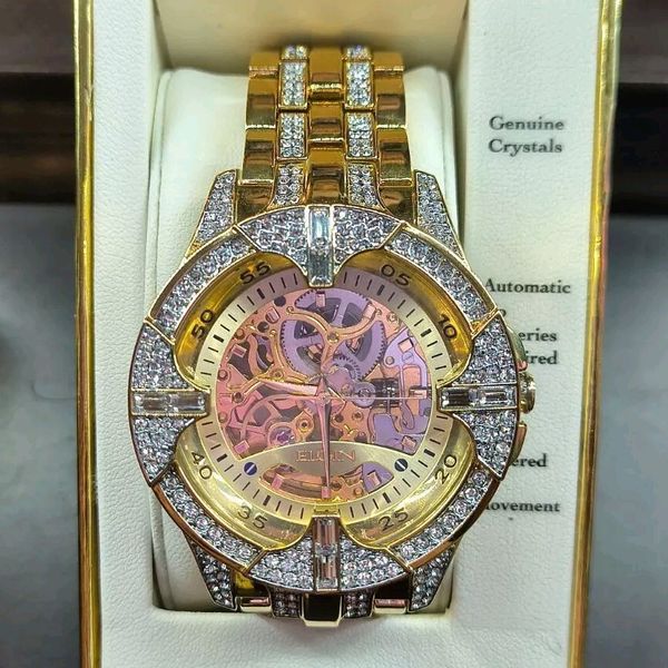 Elgin mens gold tone automatic skeleton luxury watch -FG9919 W/BOX ...