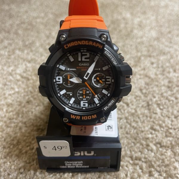 Casio Mens Chronograph Watch Orange Strap WR 100 M (watch only) battery ...