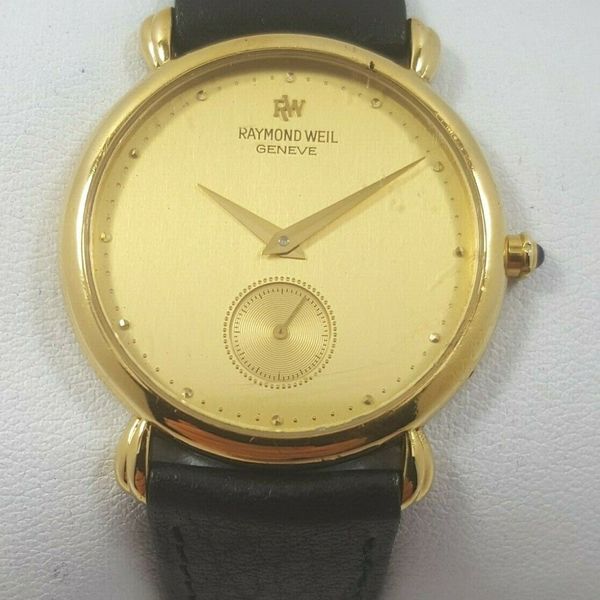 Raymond Weil 18k SWISS Quartz Gold Dial Black Leather Strap Ladies ...
