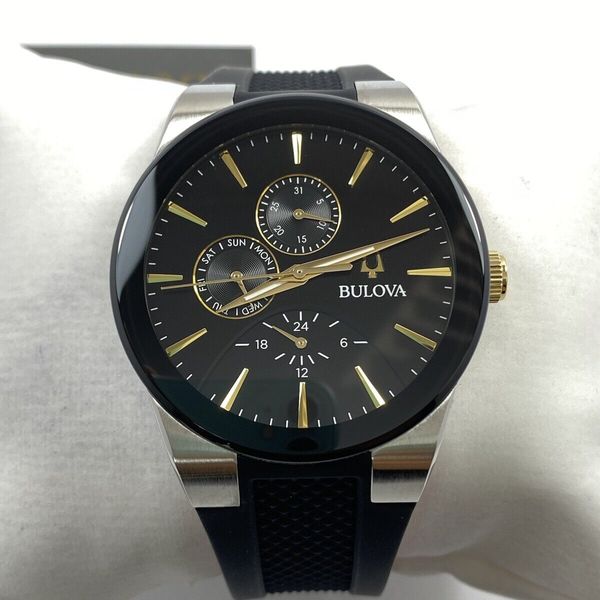Bulova Millennia Quartz Black Dial Two Tone Rubber Strap Men's Watch ...