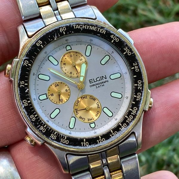 Rare Vintage Elgin Quartz Mens Chronograph Watch RUNS GREAT 1980s Steel ...