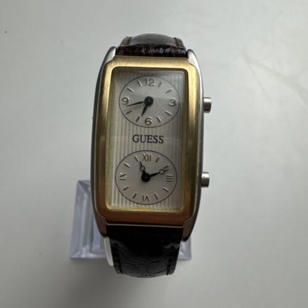 Guess Tank Watch Women Dual Time Dial Gold tone Leather Band New ...