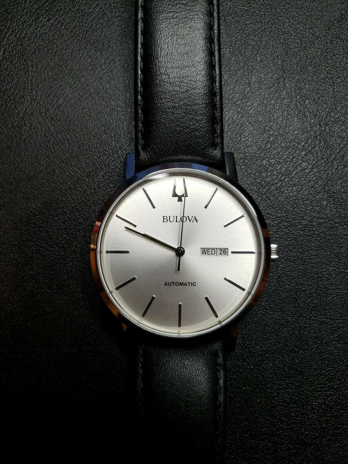 Bulova Men's Classic Automatic Silver Dial Black Leather Strap Watch ...