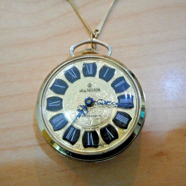 Vtg LADY NELSON Pocket Watch Antimagnetic Swiss Made Winding Gold Tone ...