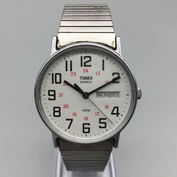 Vtg Timex Watch Men 32mm Silver Tone White Dial Day Date 1988 New ...