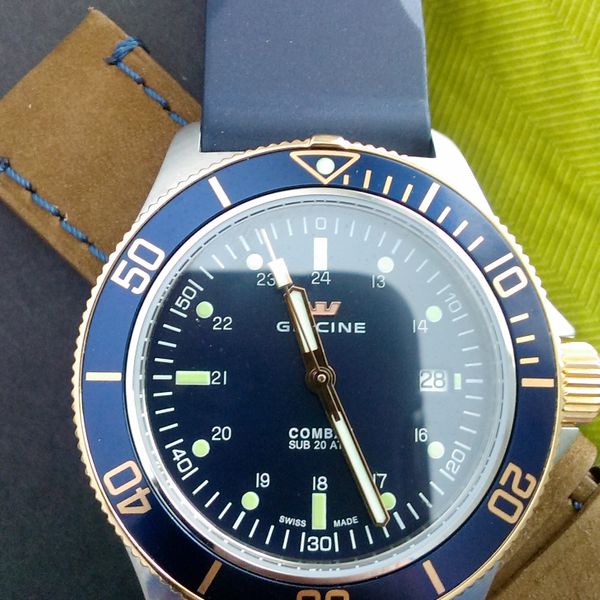 FS Glycine Combat Sub diver watch, 2-tone Blue/Rose Gold on rubber ...