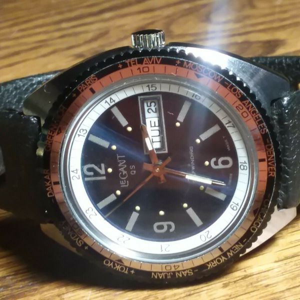 VTG 1970's LE GANT WORLD TIME BEZEL MEN'S WRIST WATCH LEGANT SWISS MADE ...