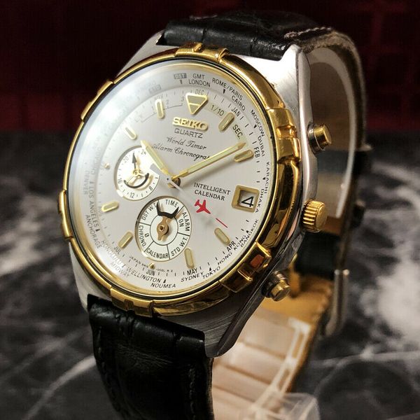 Excellent SEIKO 6M15-0020 WORLD TIMER ALARM CHRONOGRAPH QUARTZ WATCH ...