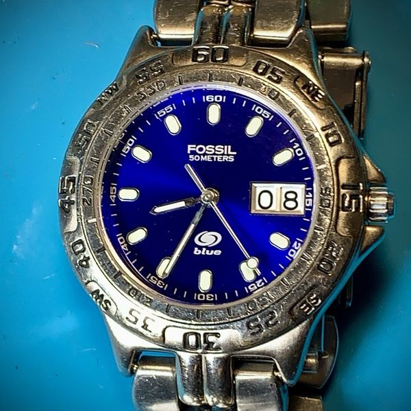 Mens Vintage Fossil Blue Watch AM-3233 Blue Dial Big Date New Movement ...