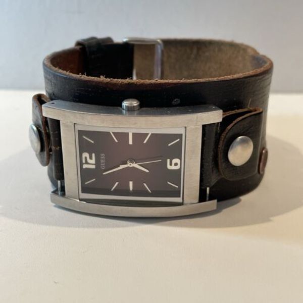 Menâ s Guess Tank Watch Silver Tone with Fossil Leather Cuff Band needs ...