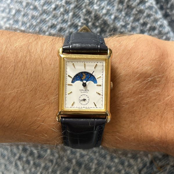 Vintage Unisex Gruen Sun & Moon Quartz Tank Watch Moon Phase Dial - New ...