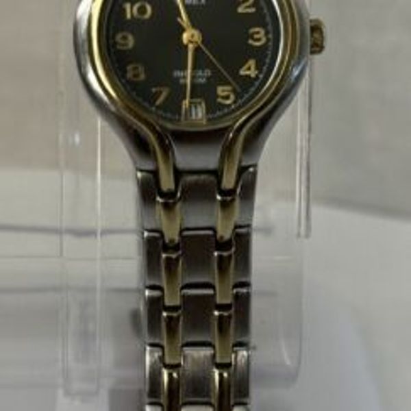 TIMEX INDIGLO WR50M TWO-TONE SILVER AND GOLD. BLACK AND GOLD DIAL-DATE ...