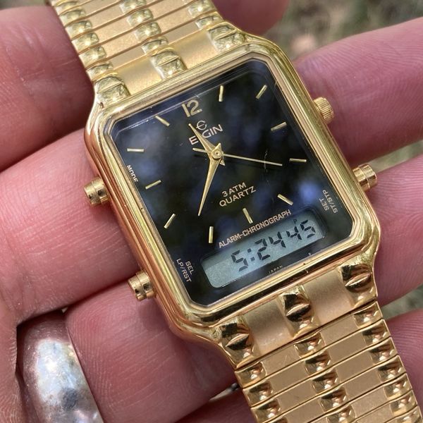 Vintage 1980s Mens Elgin Chronograph Quartz LCD Watch Works Well Black ...