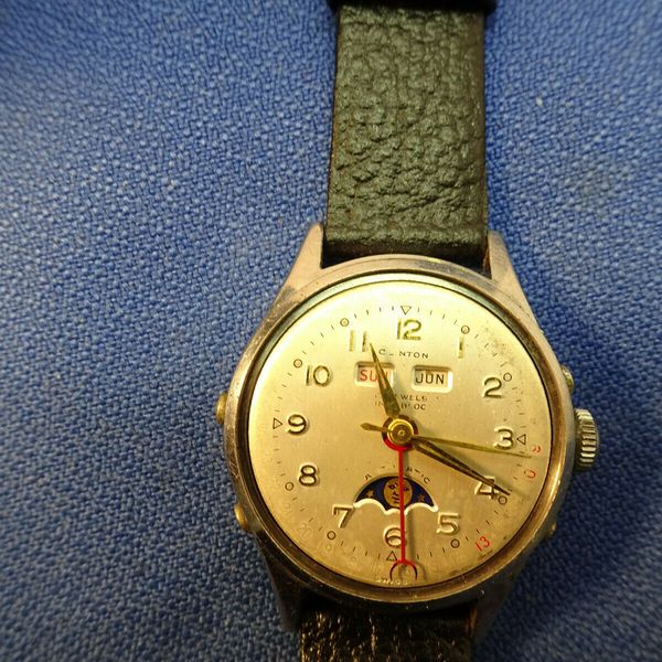 VINTAGE CLINTON TRIPLE DATE MOONPHASE 17 JEWEL AUTOMATIC WATCH RUNS TO ...