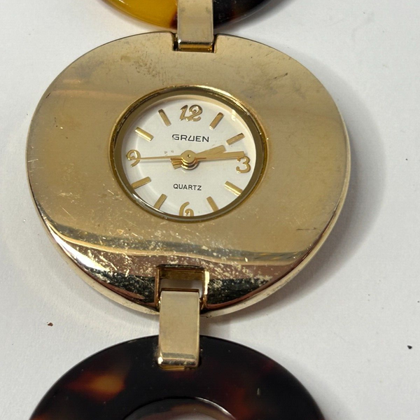 Working Vintage Ladies Gold and Faux Tortoise Shell Gruen Quartz Watch ...