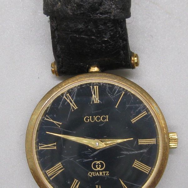 Gucci Roman Round Watch 1168 Sideline Ladies Gold & Black Dial Works ...