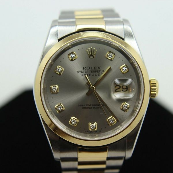Rolex DateJust 16203 - 36mm Two Tone 18kt Gold Slate Diamond Dial ...